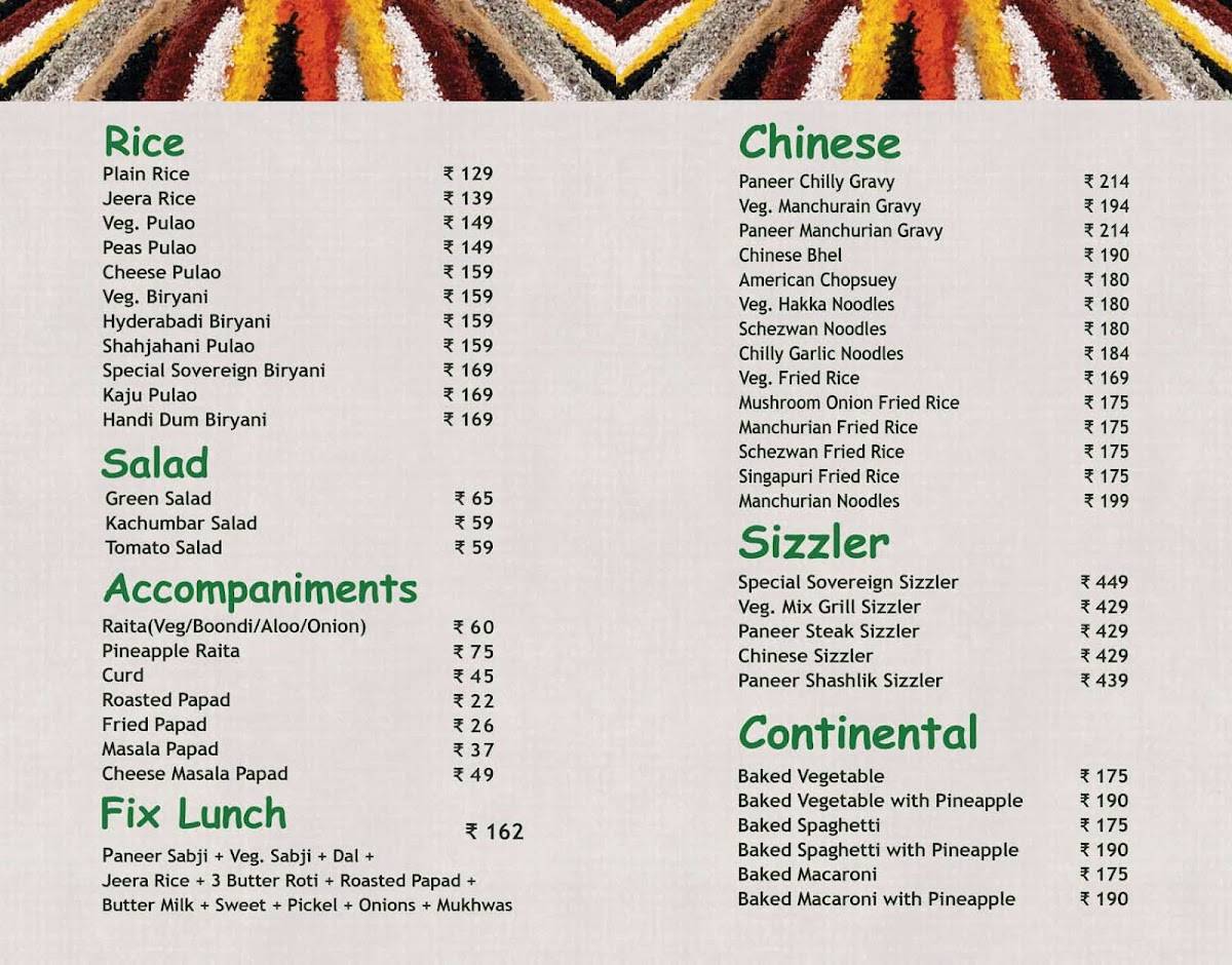 Menu at Sovereign Restaurant, Vadodara