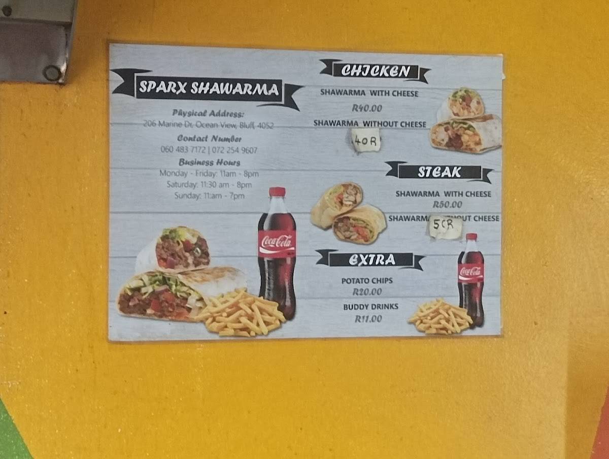 Menu at Sparx Shawarma restaurant, Bluff