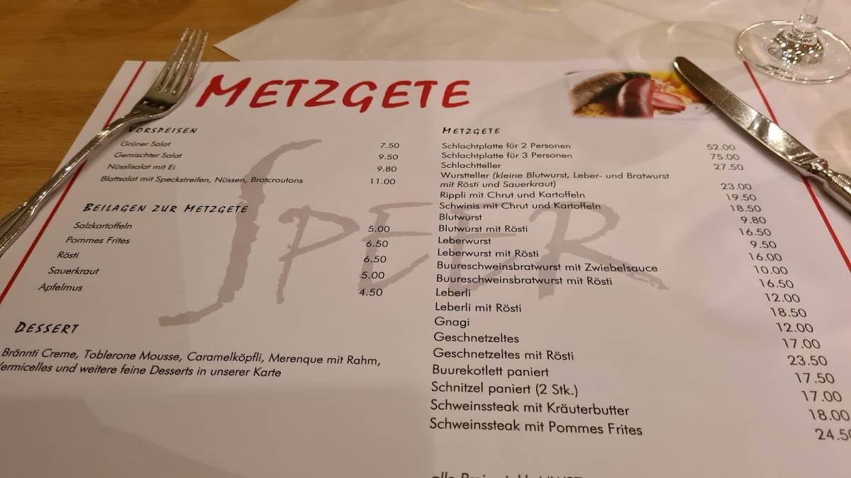 Speisekarte von Speer, Kaltbrunn