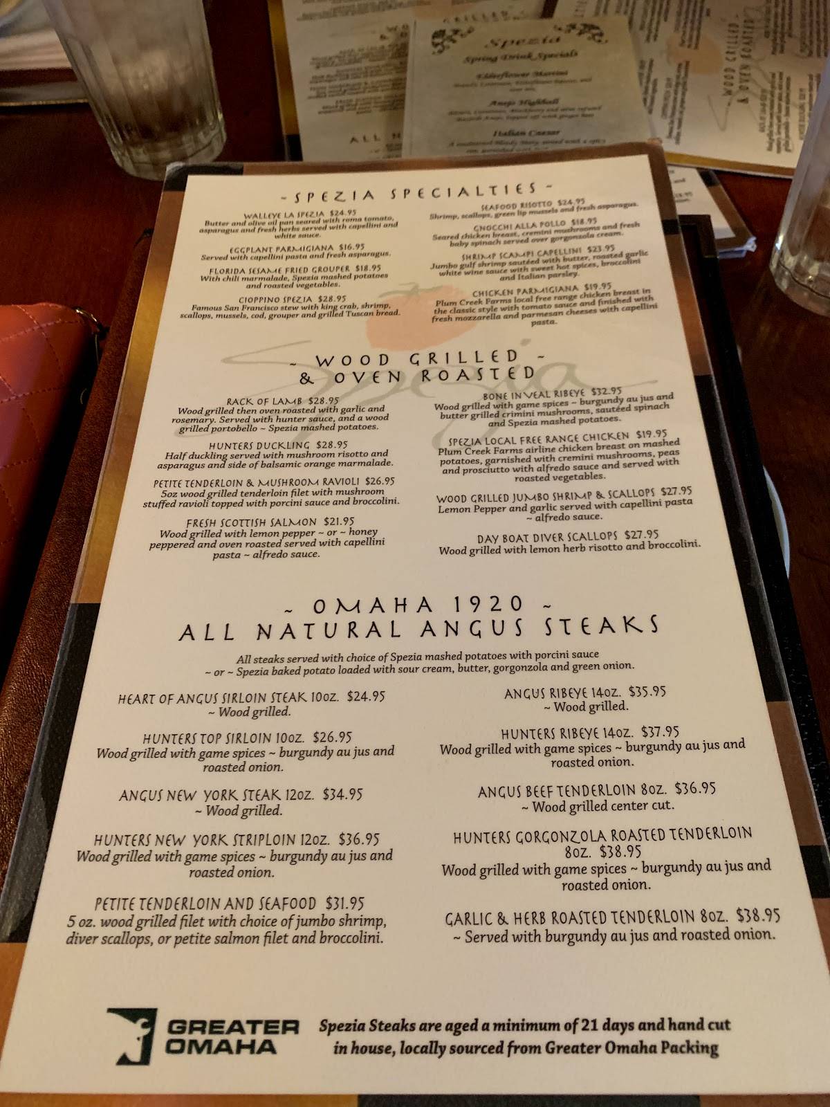 Menu at Spezia Omaha restaurant, Omaha