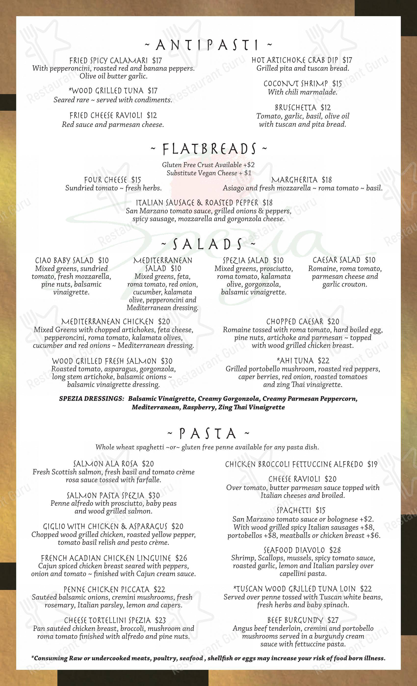 Menu at Spezia restaurant, Omaha