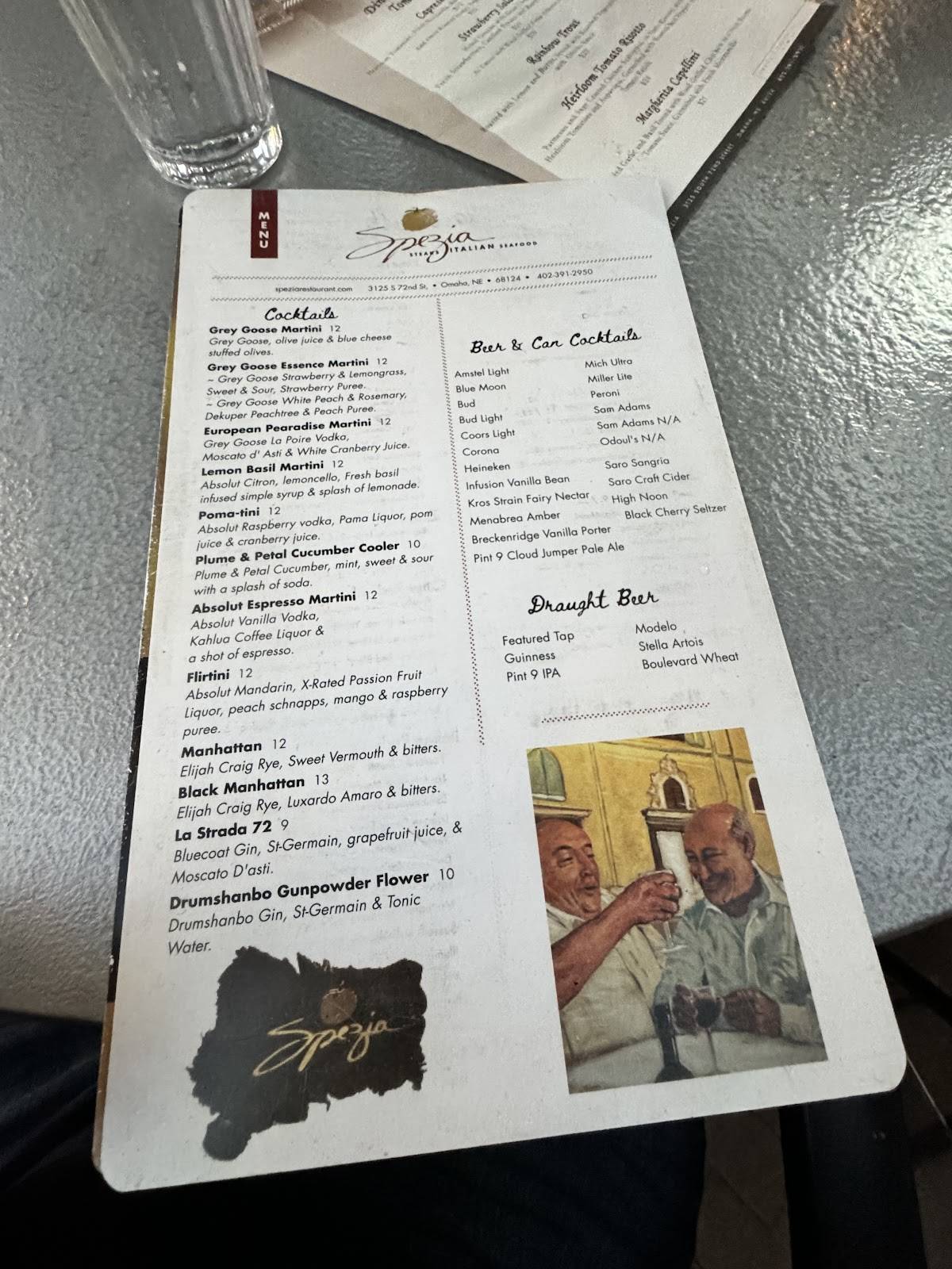 Menu at Spezia restaurant, Omaha