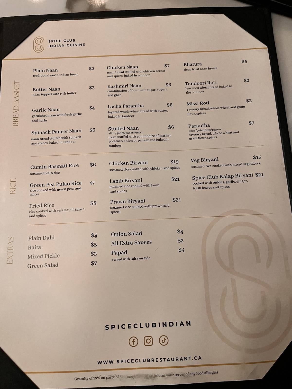 Menu at Spice Club Indian Cuisine, Surrey