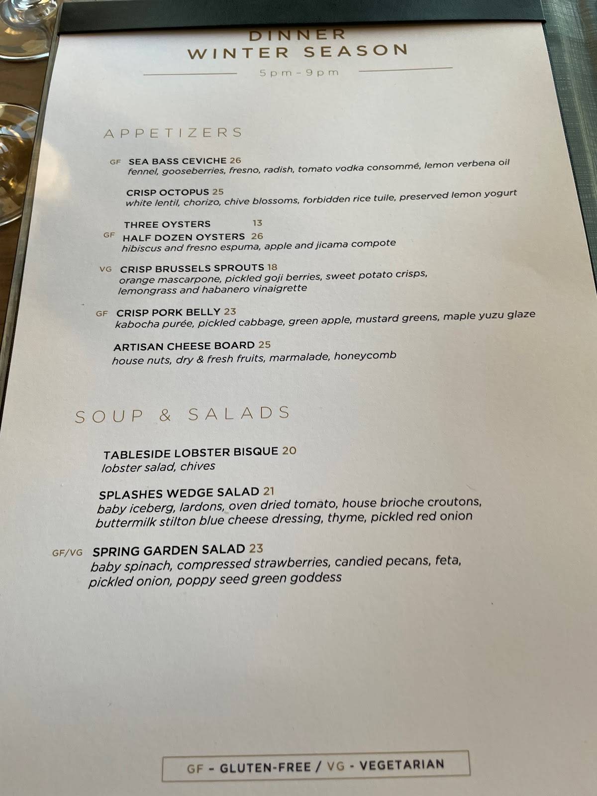 Menu at Splashes Restaurant, Laguna Beach, S Coast Hwy