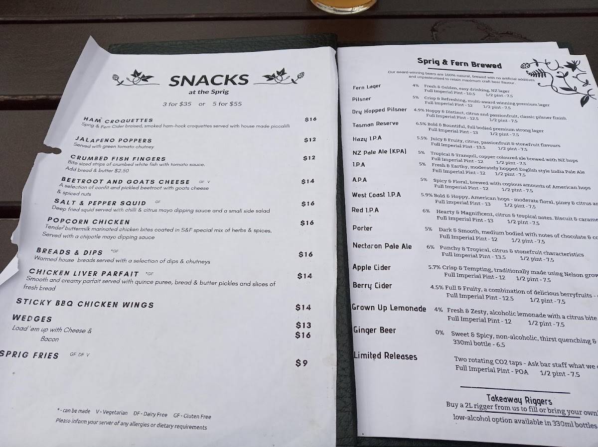 Menu at Sprig + Fern Merivale pub & bar, Christchurch