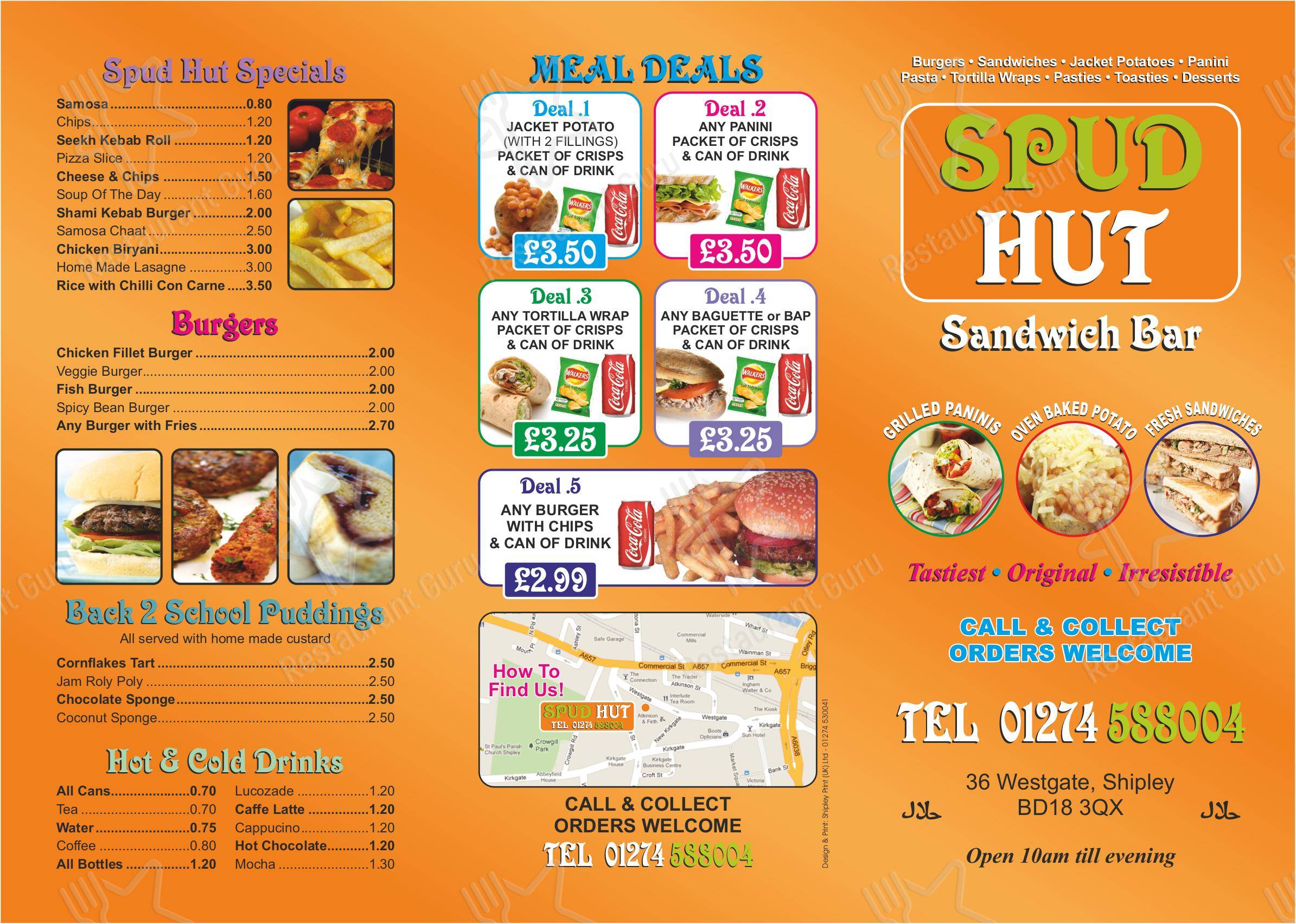 Menu at Spud Hut fast food, Shipley