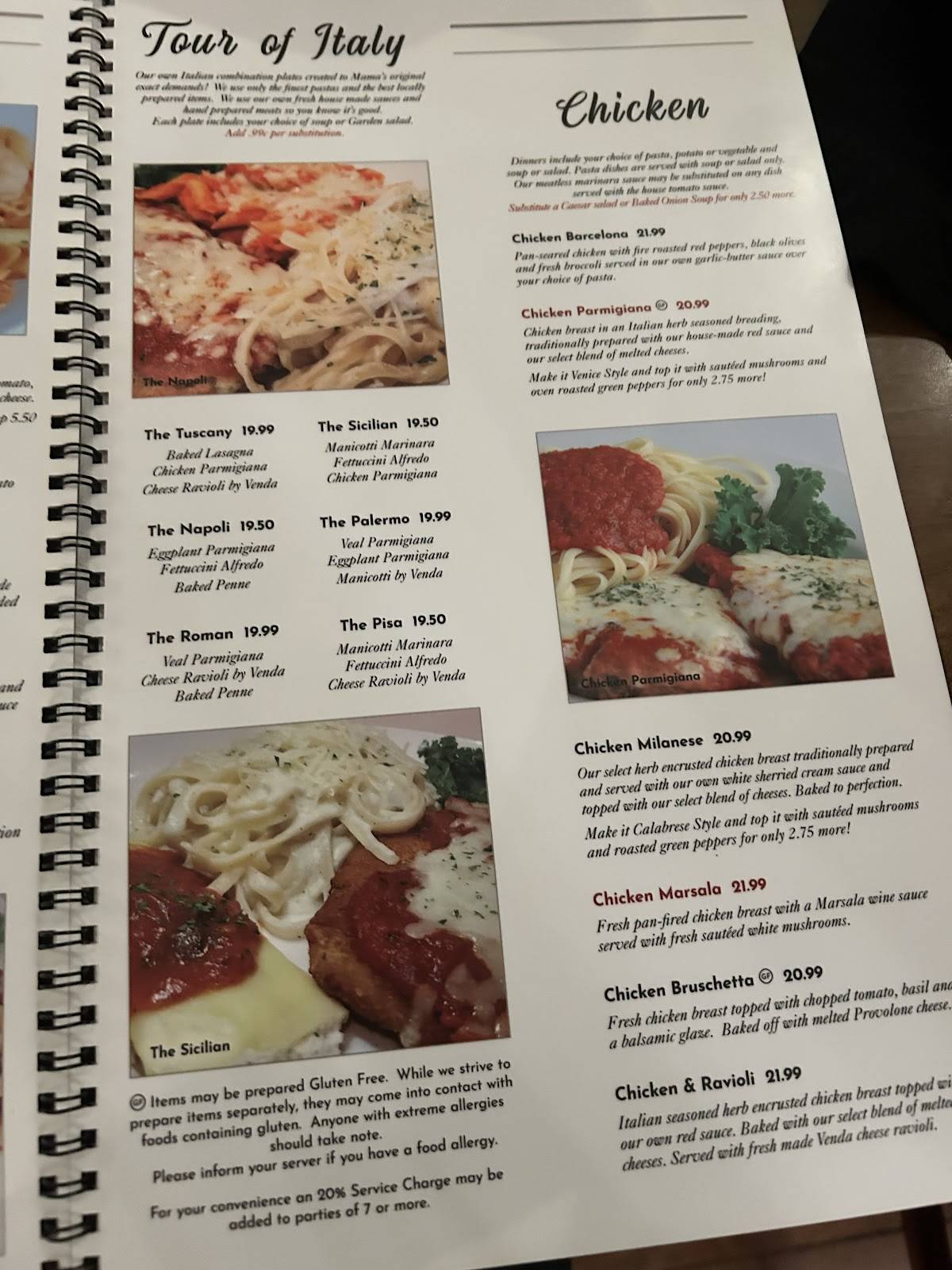 Menu at Spumoni's restaurant, Pawtucket