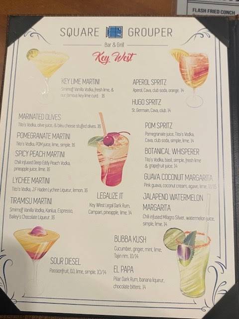Menu at Square Grouper Key West restaurant, Key West