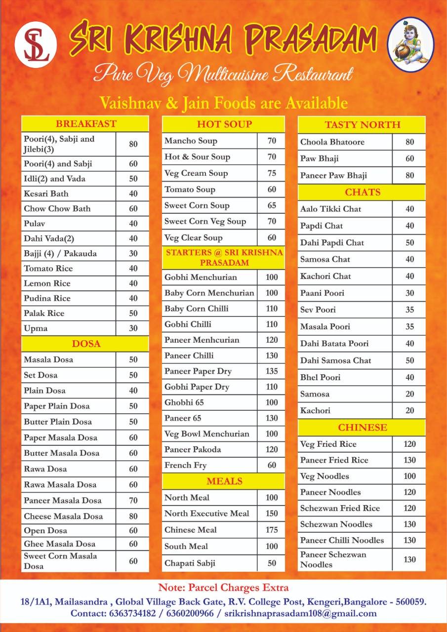 Menu at Sri Krishna Prasadam Pure Veg Multicuisine Restaurant, Bengaluru