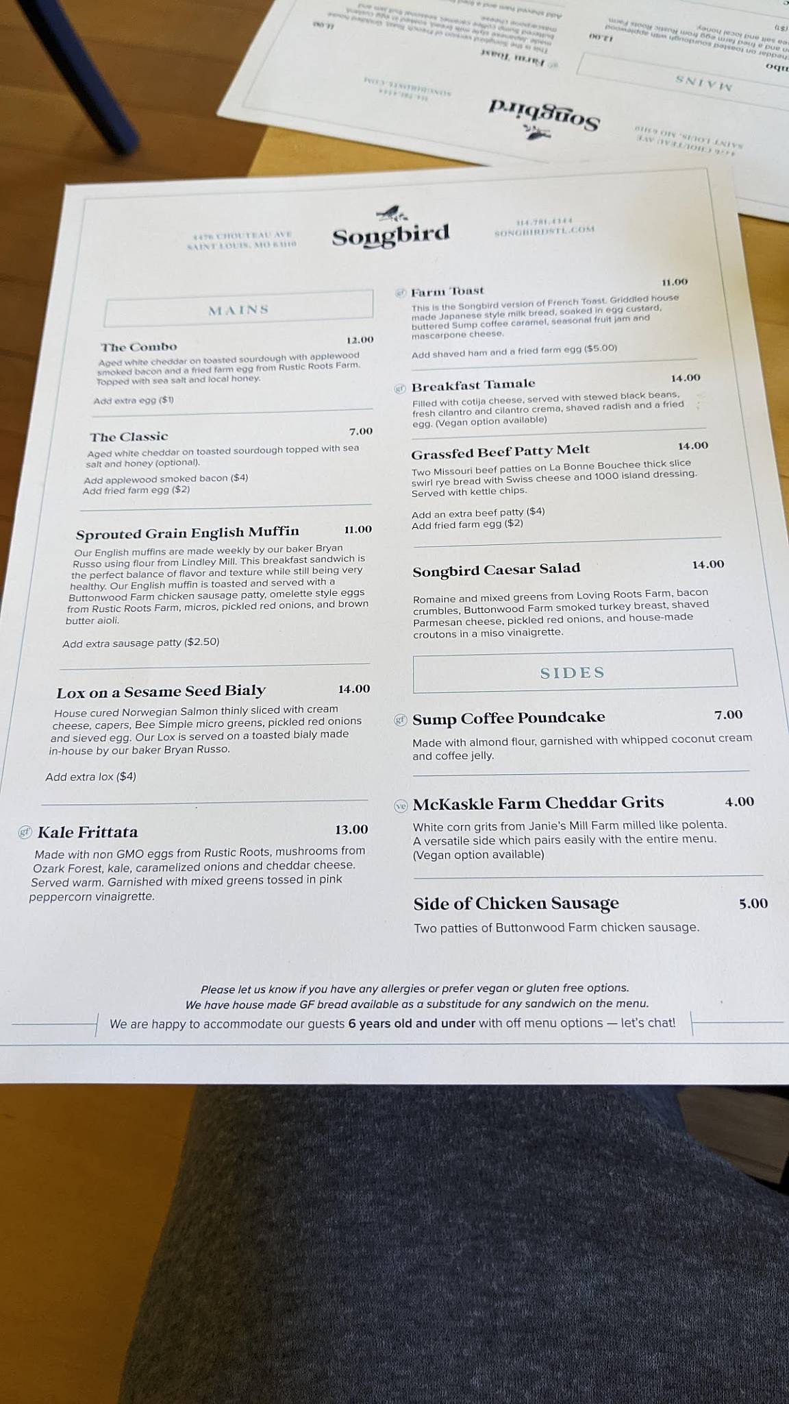 Menu at Songbird restaurant, St. Louis