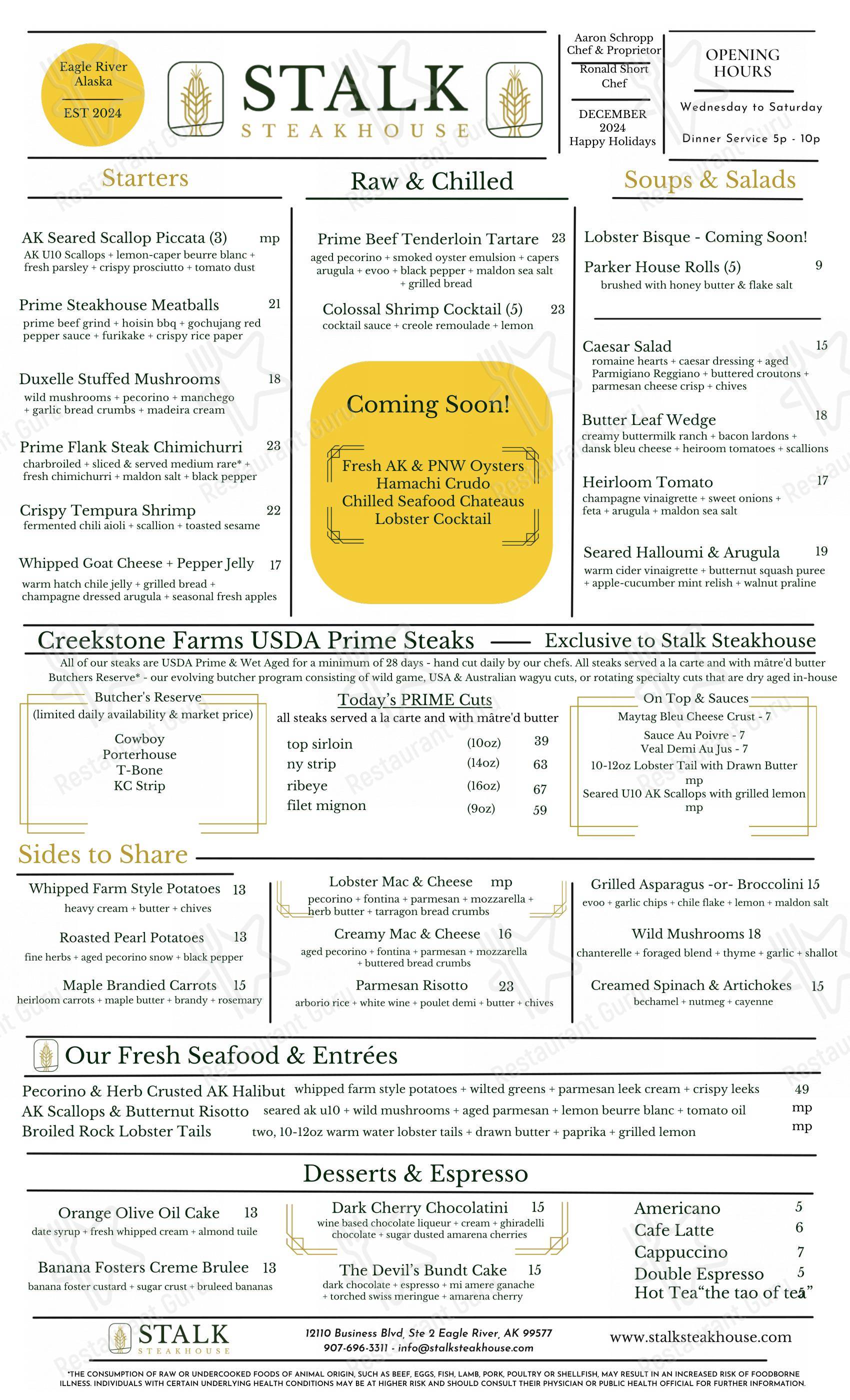 Menu at Stalk Steakhouse, Anchorage