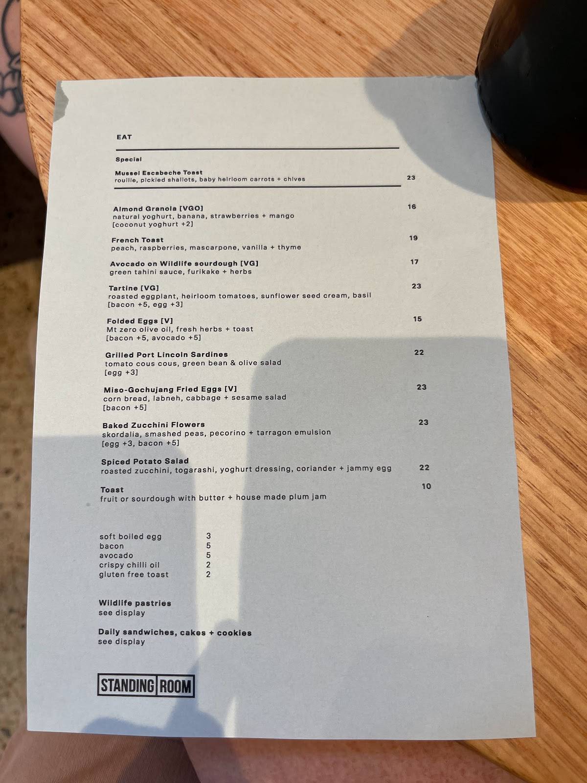 Menu at Standing Room Coffee - Fitzroy North cafe, Fitzroy North