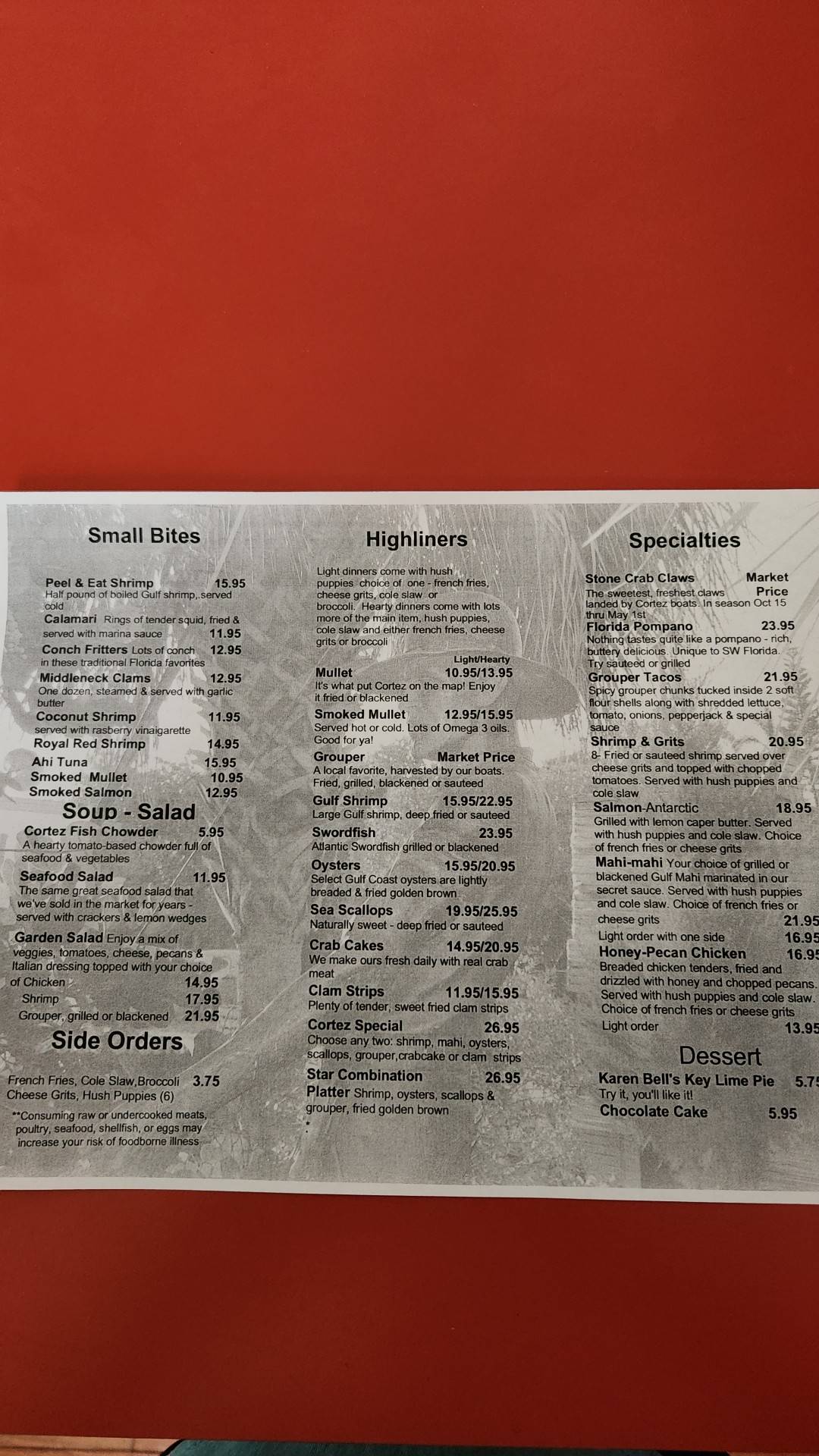 Menu at Star Fish Company restaurant, Cortez, 46th Ave W