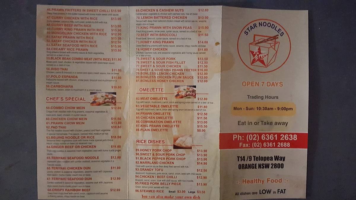 Menu at Star Noodles restaurant, Orange
