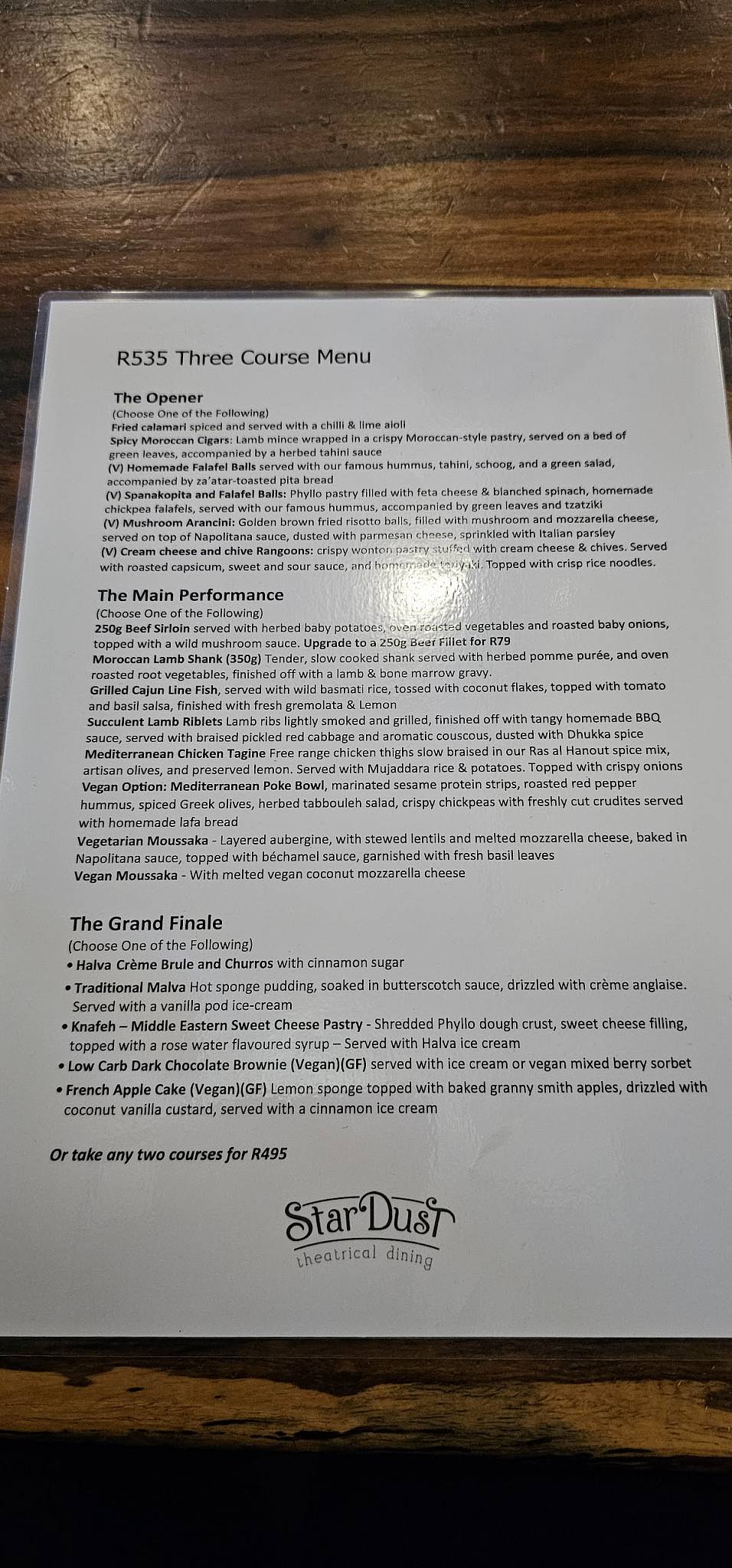 Menu at Stardust Theatrical Dining restaurant, Cape Town, 118 Sir Lowry Rd