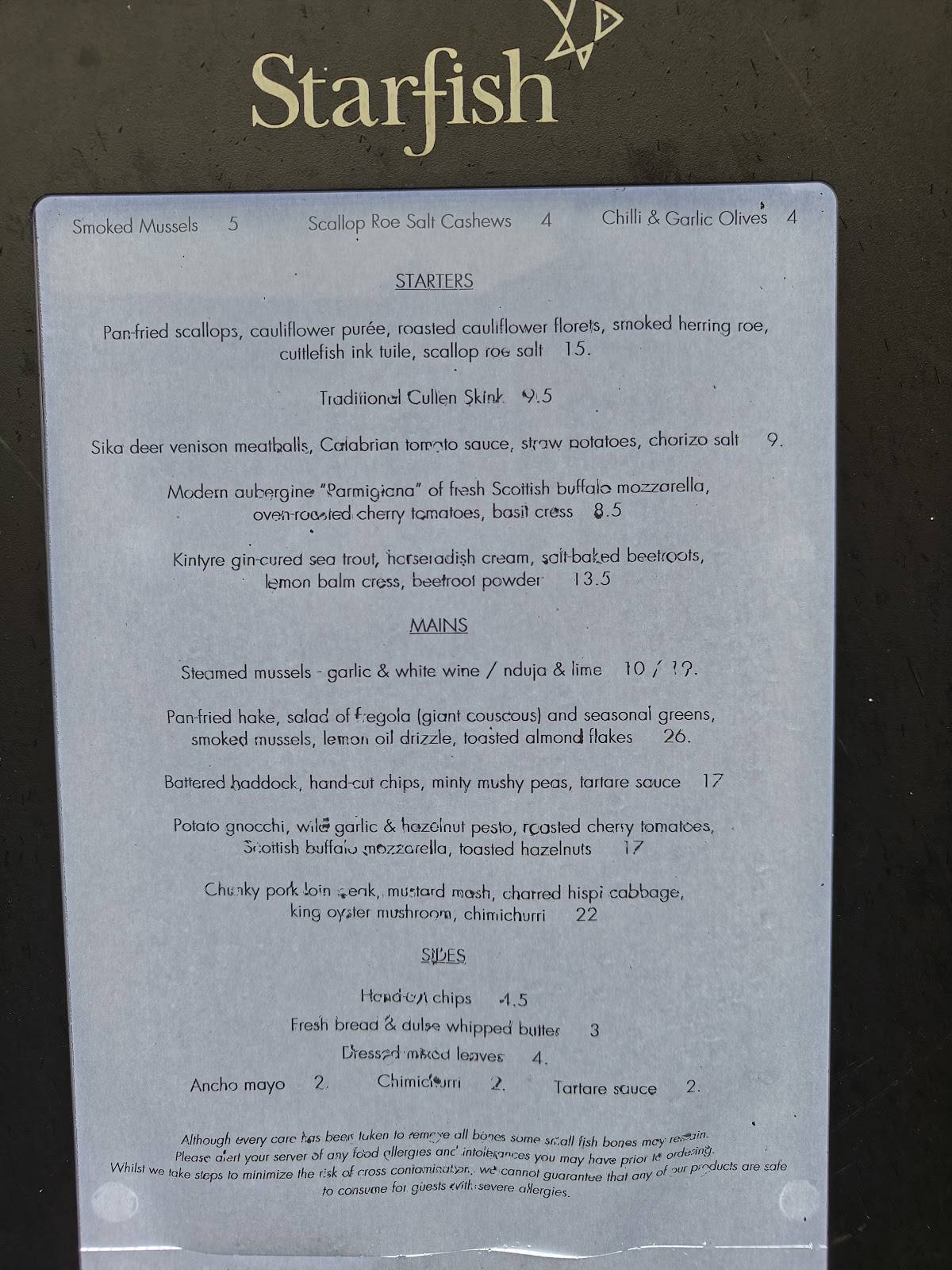 Menu at Starfish Restaurant, Tarbert, Tarbert