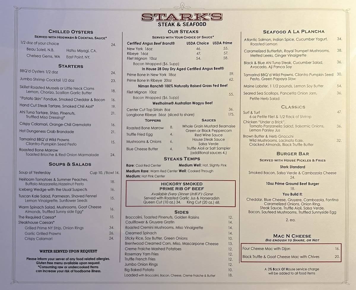 Menu at Stark's Steak & Seafood pub & bar, Santa Rosa