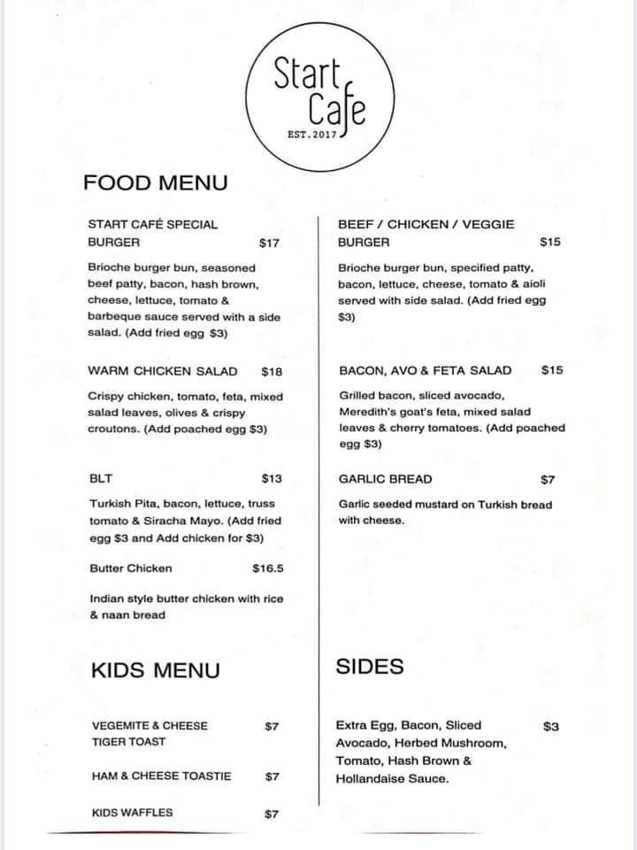 Menu at Start Cafe, Ballarat East