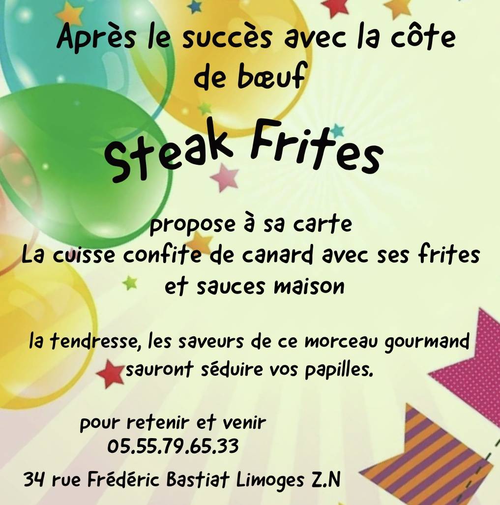 Menu au Steak Frites restaurant, Limoges