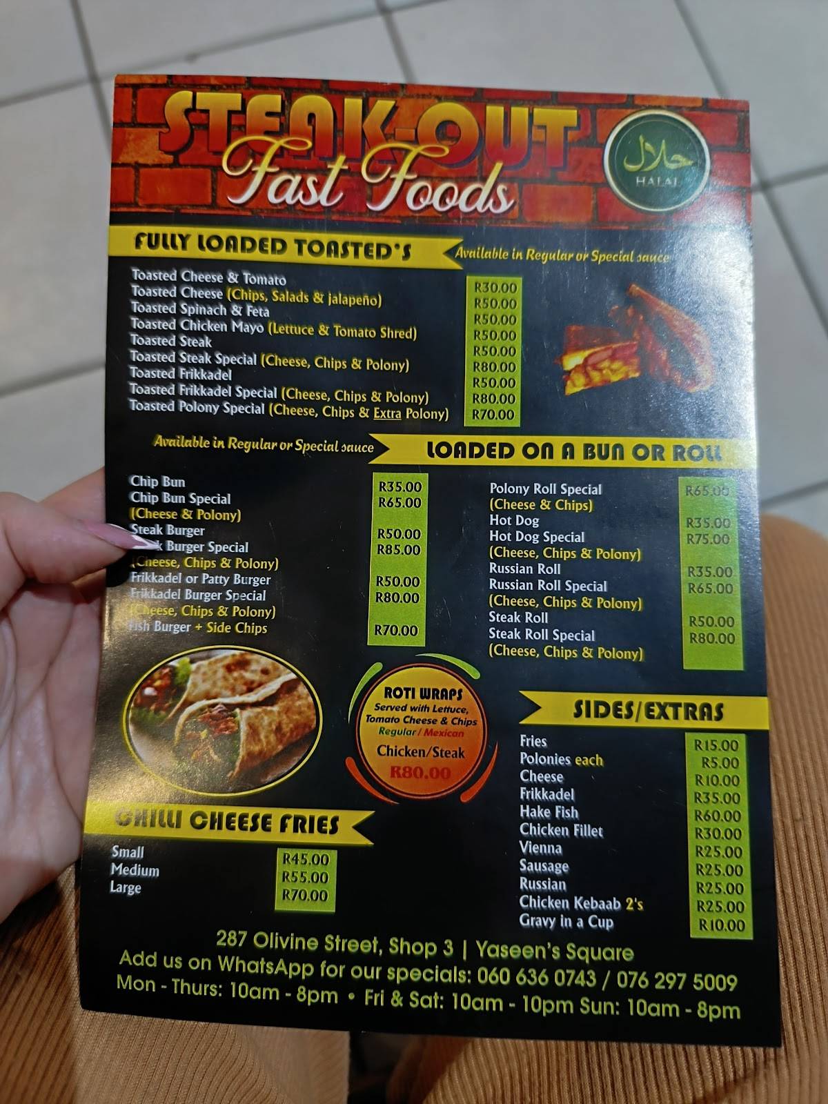Menu at Steak-Out Fast Foods Laudium, Centurion