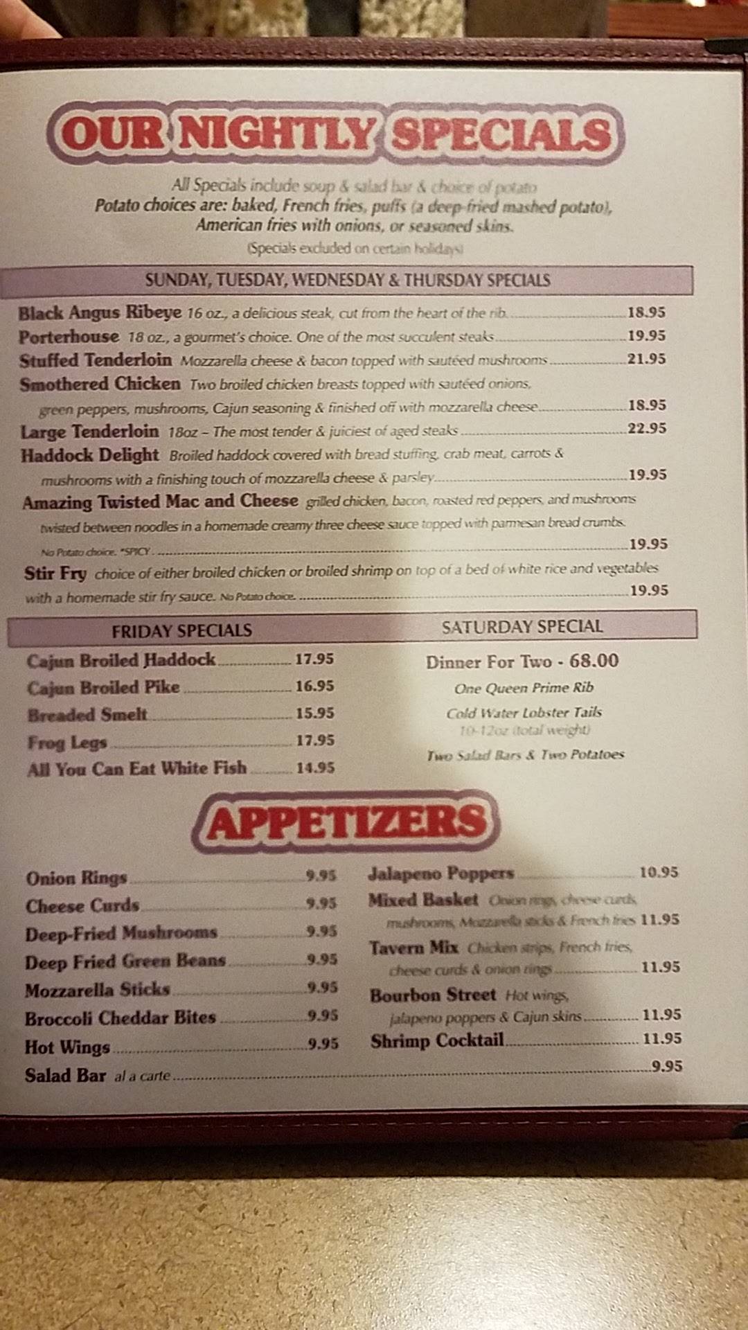 Menu at Black Otter Supper Club, Hortonville