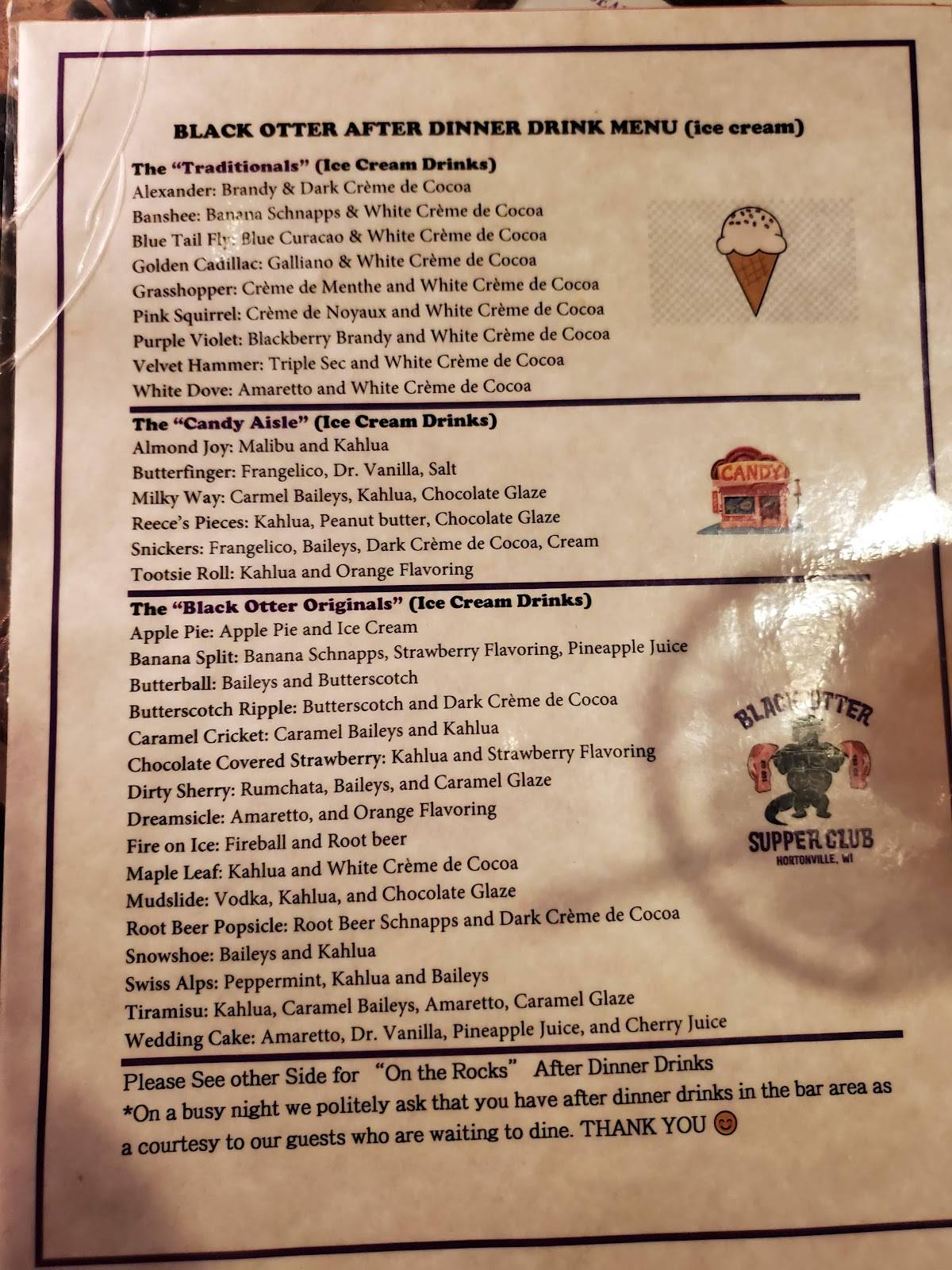 Menu at Black Otter Supper Club, Hortonville