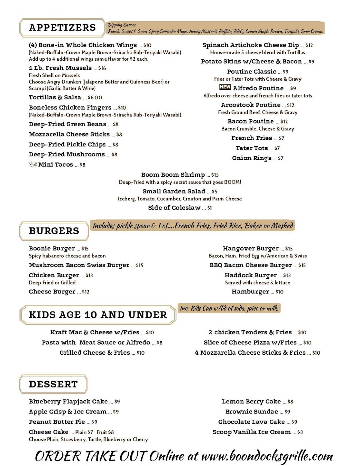 Menu at Boondocks Grille steakhouse, Fort Fairfield