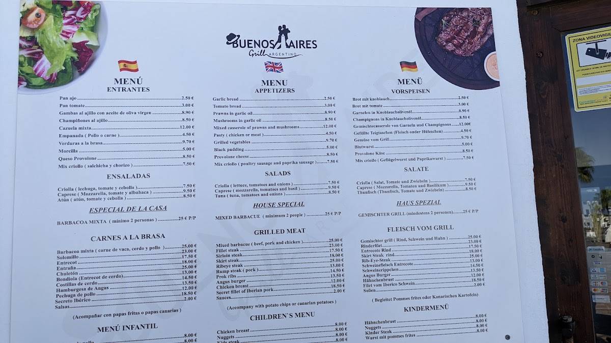 Menu at Buenos Aires Grill Argentino steakhouse, Playa Blanca
