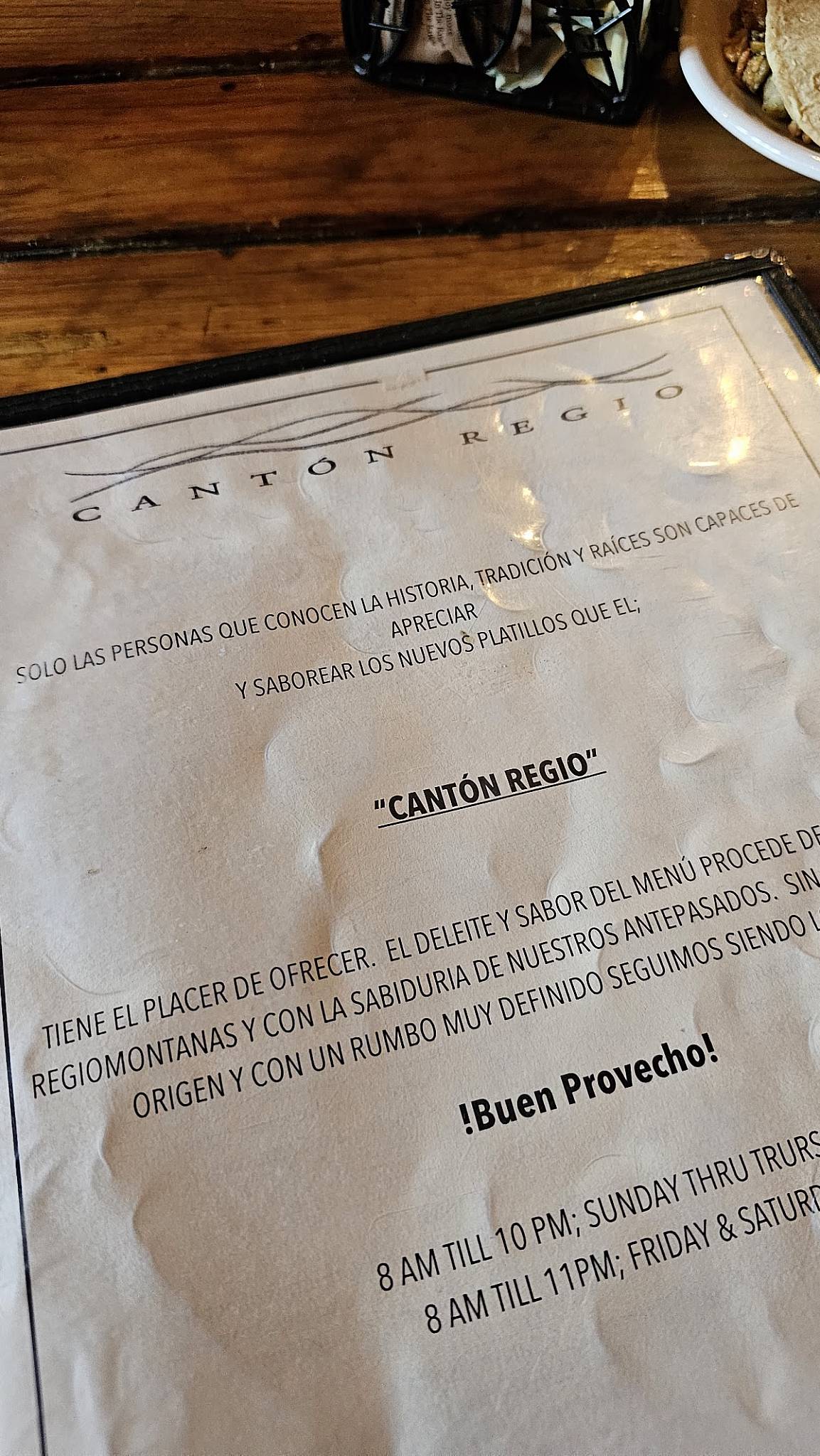 Menu at Cantón Regio steakhouse, Chicago