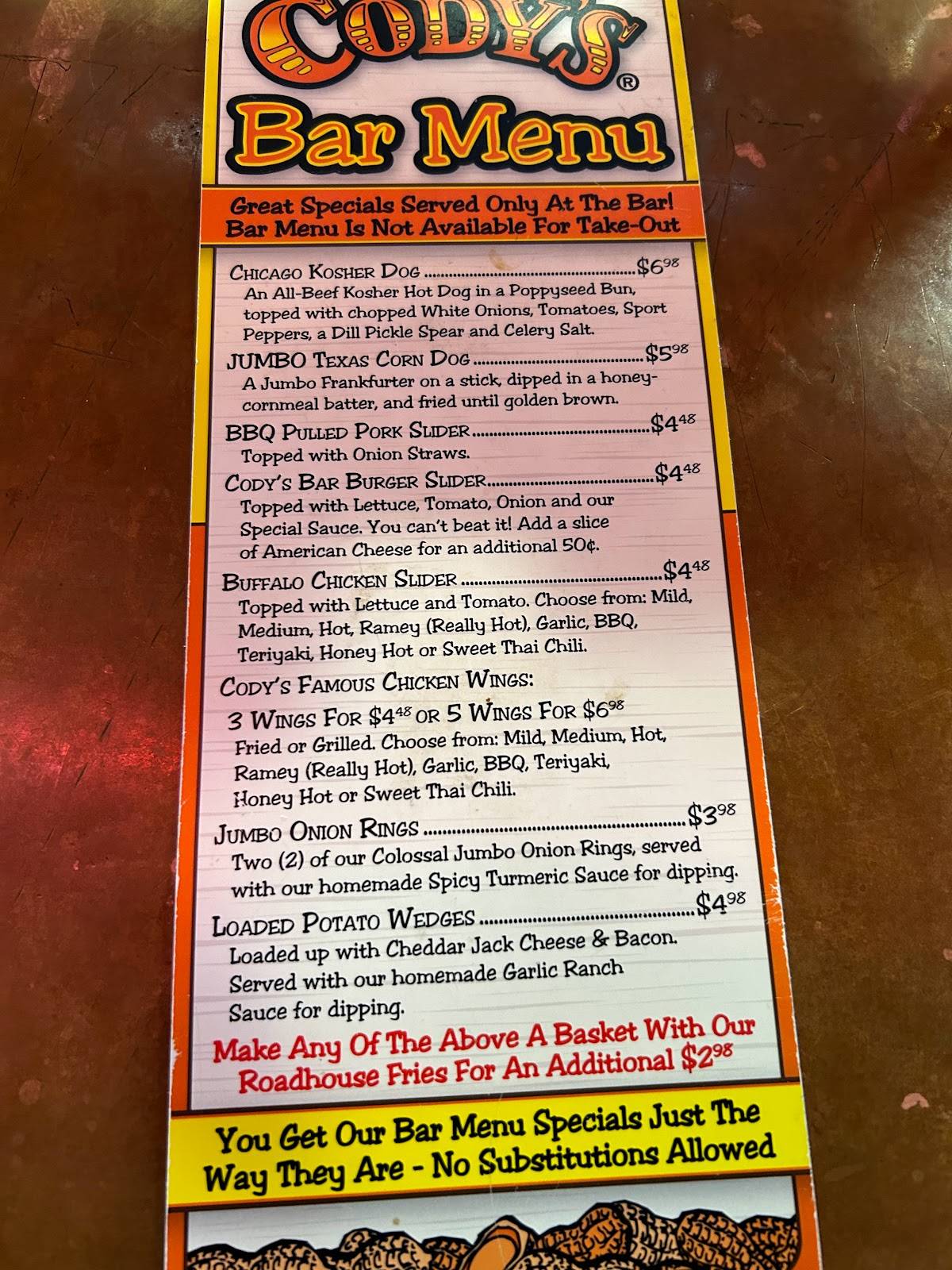 Menu at Cody's Original Roadhouse - Sumter steakhouse, The Villages ...