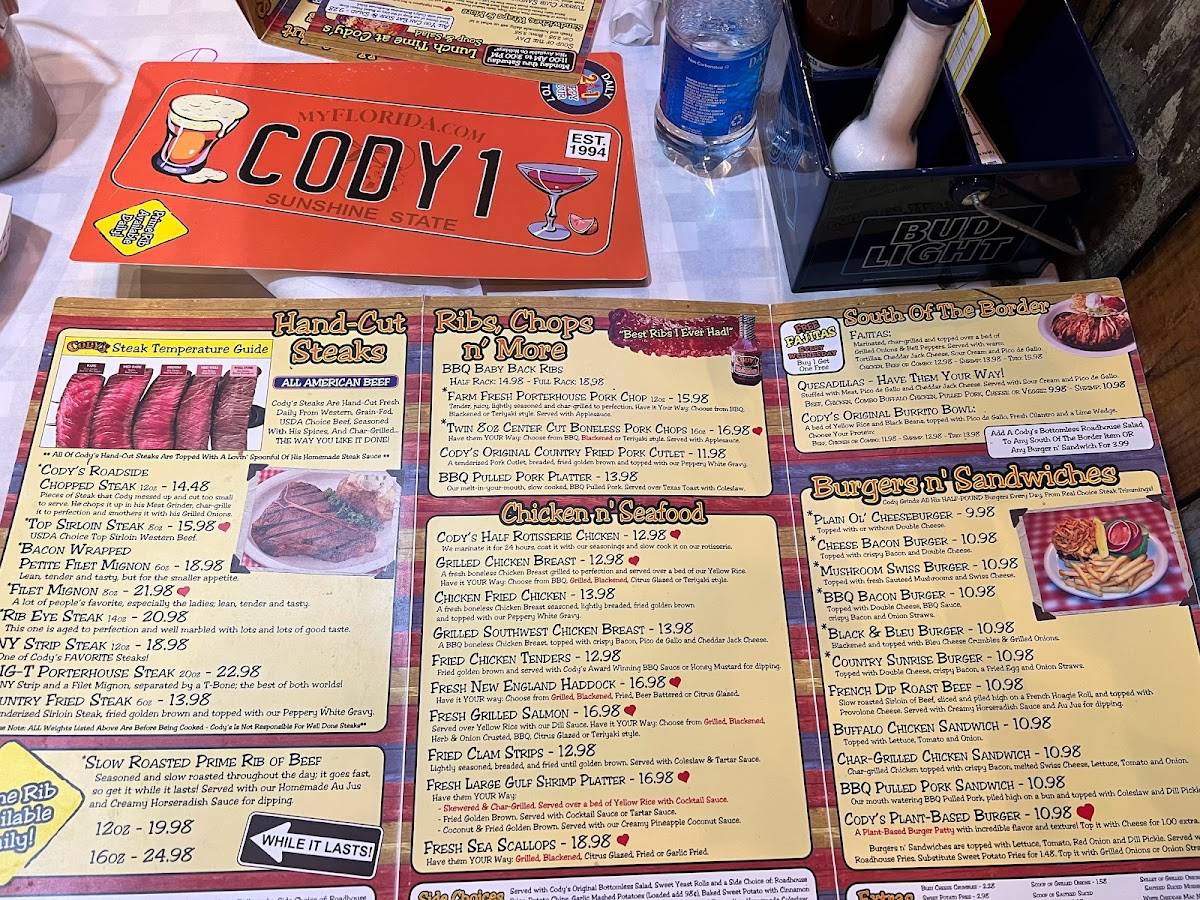 Menu at Cody's Original Roadhouse - Sumter steakhouse, The Villages ...