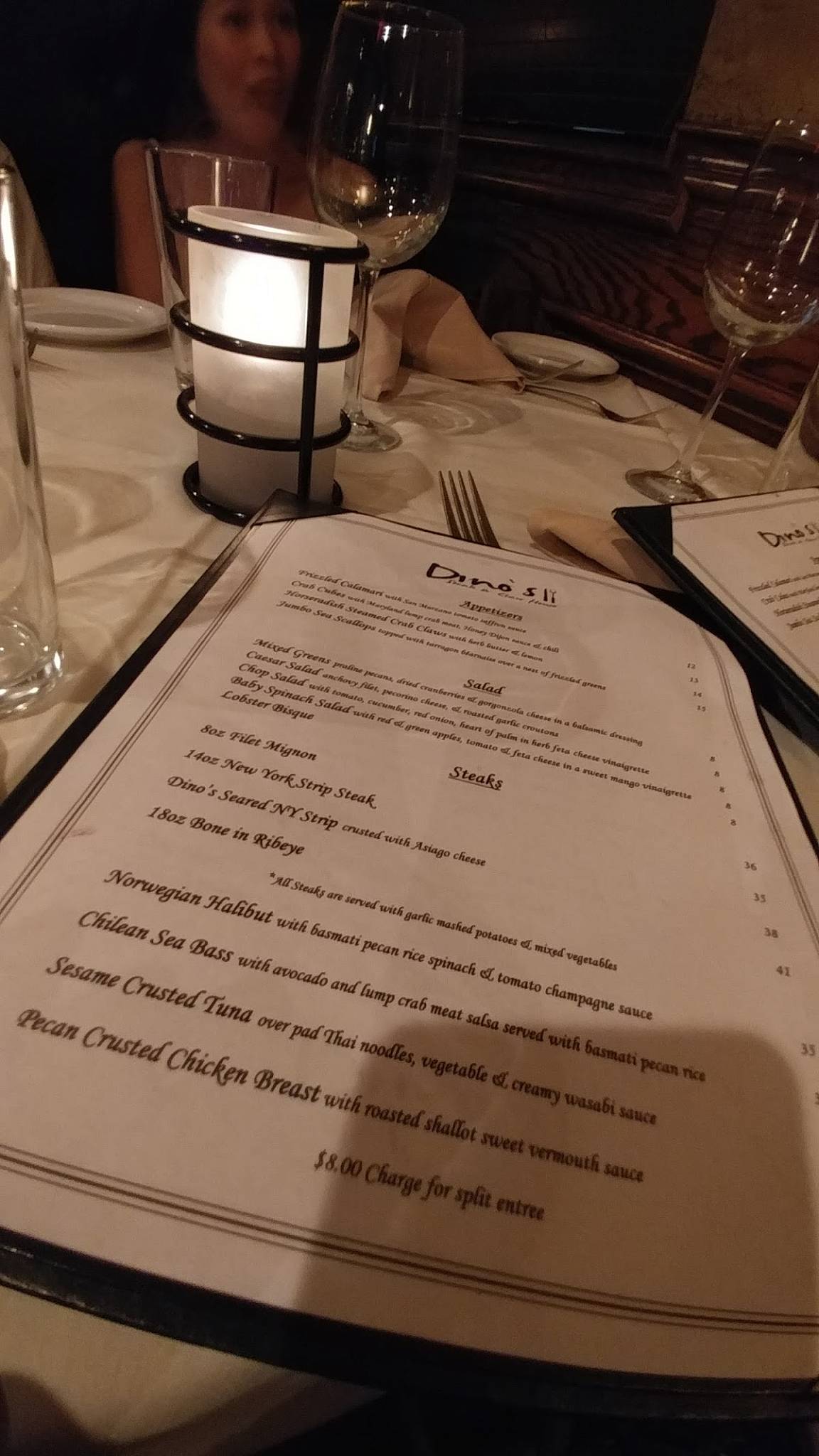 Menu at Dino’s Steak and Claw House steakhouse, Grapevine