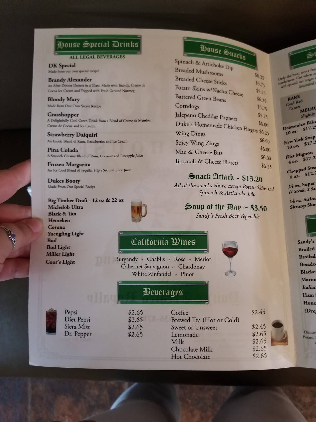 Menu at Duke's Steakhouse, Elkins, Harrison Ave