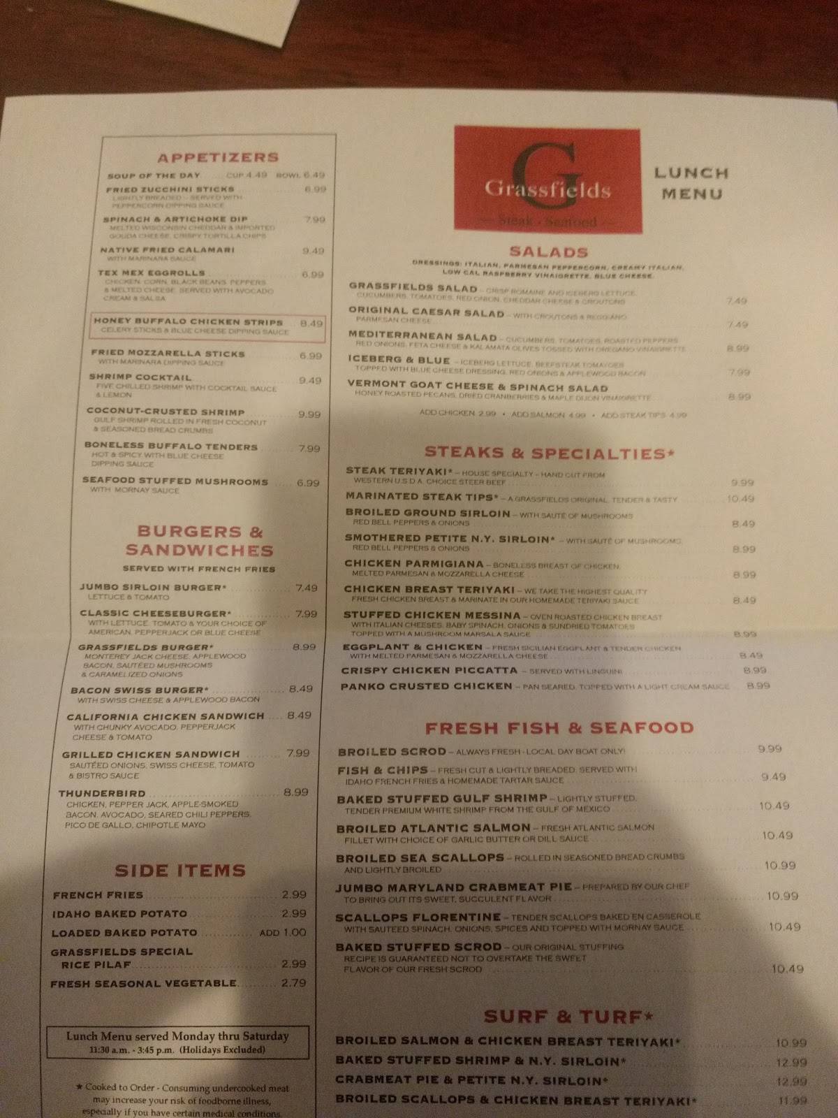Menu at Grassfields steakhouse, Waltham