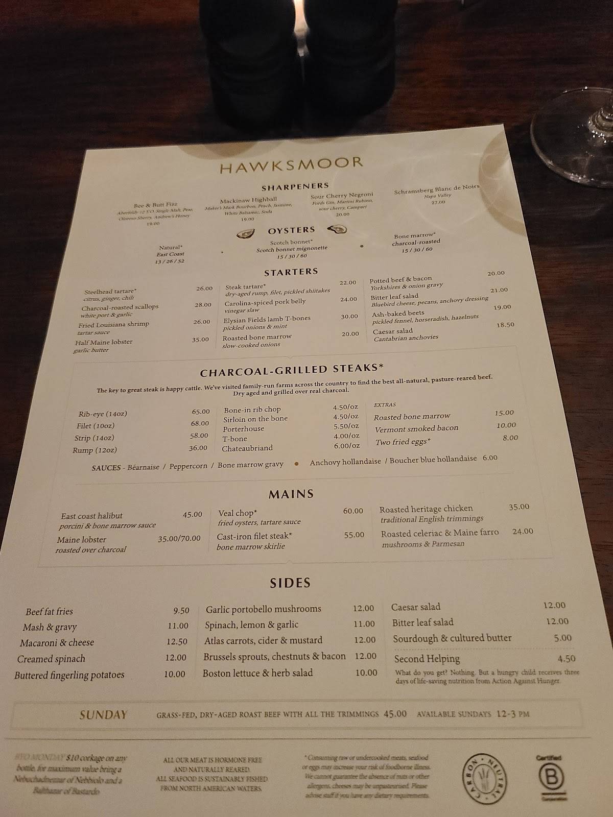 Меню стейк хауса Hawksmoor NYC, Нью-Йорк