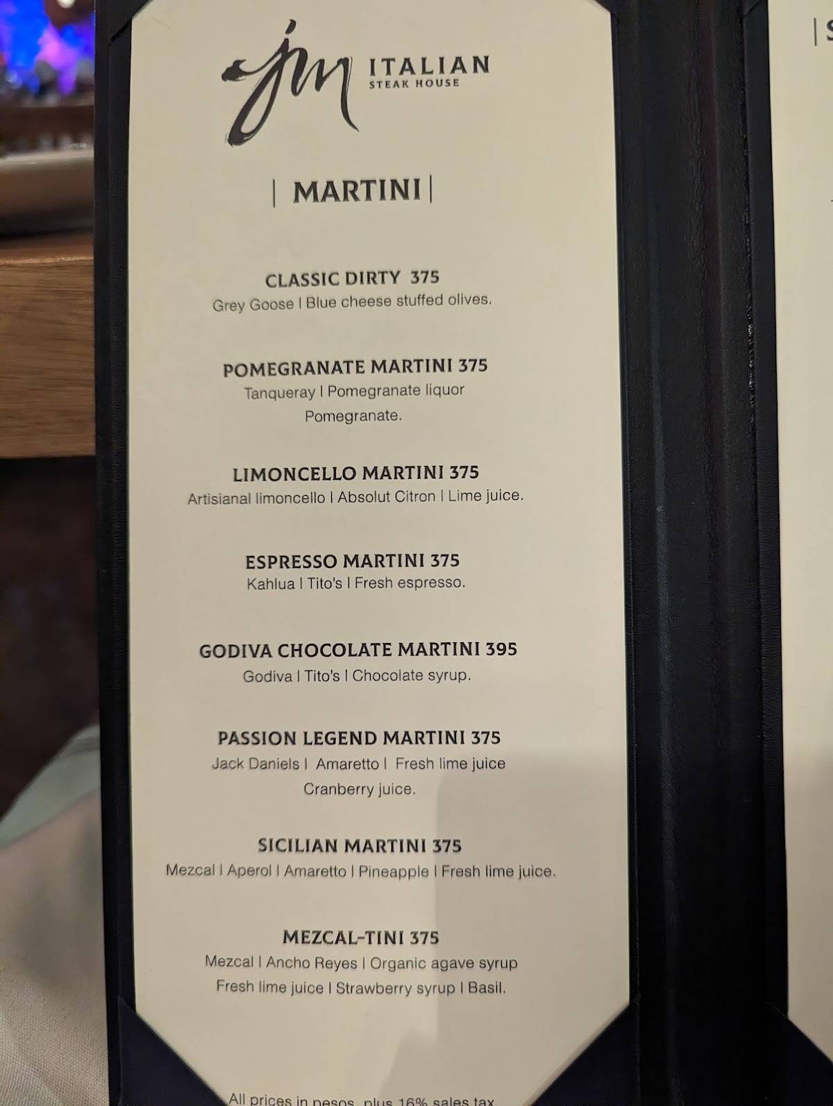 Menu at JM Steakhouse, Cabo San Lucas