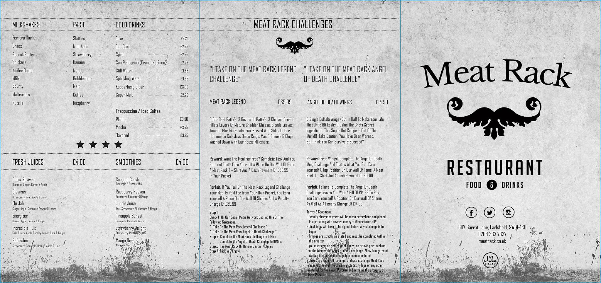 Menu at Meat Rack steakhouse, London, 607 Garratt Ln