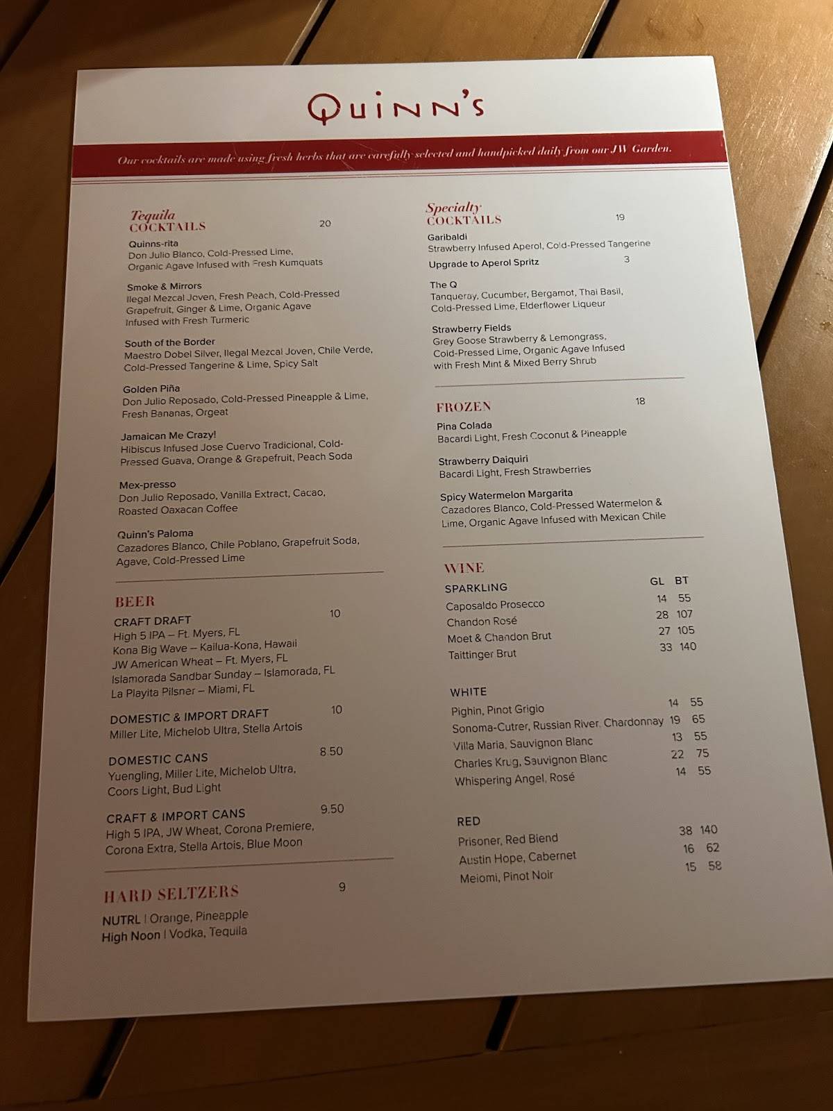 Menu at Quinn's at JW Marriott Marco Island steakhouse, Marco Island