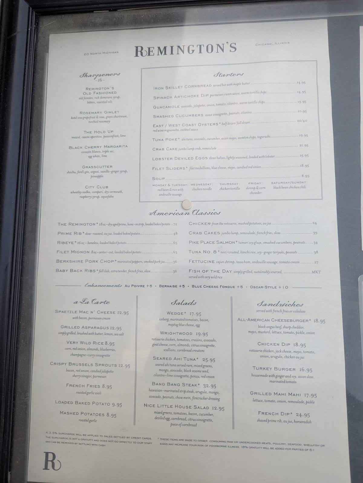 Menu at Remington's steakhouse, Chicago