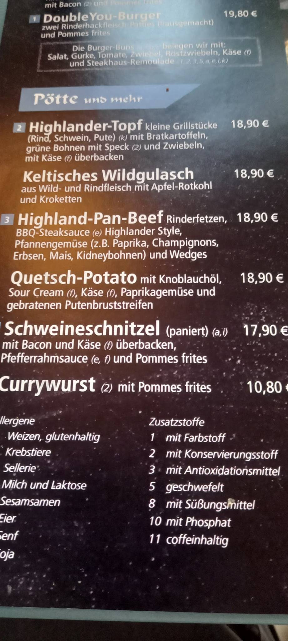 Carta de Restaurant Highlander Lachendorf, Lachendorf