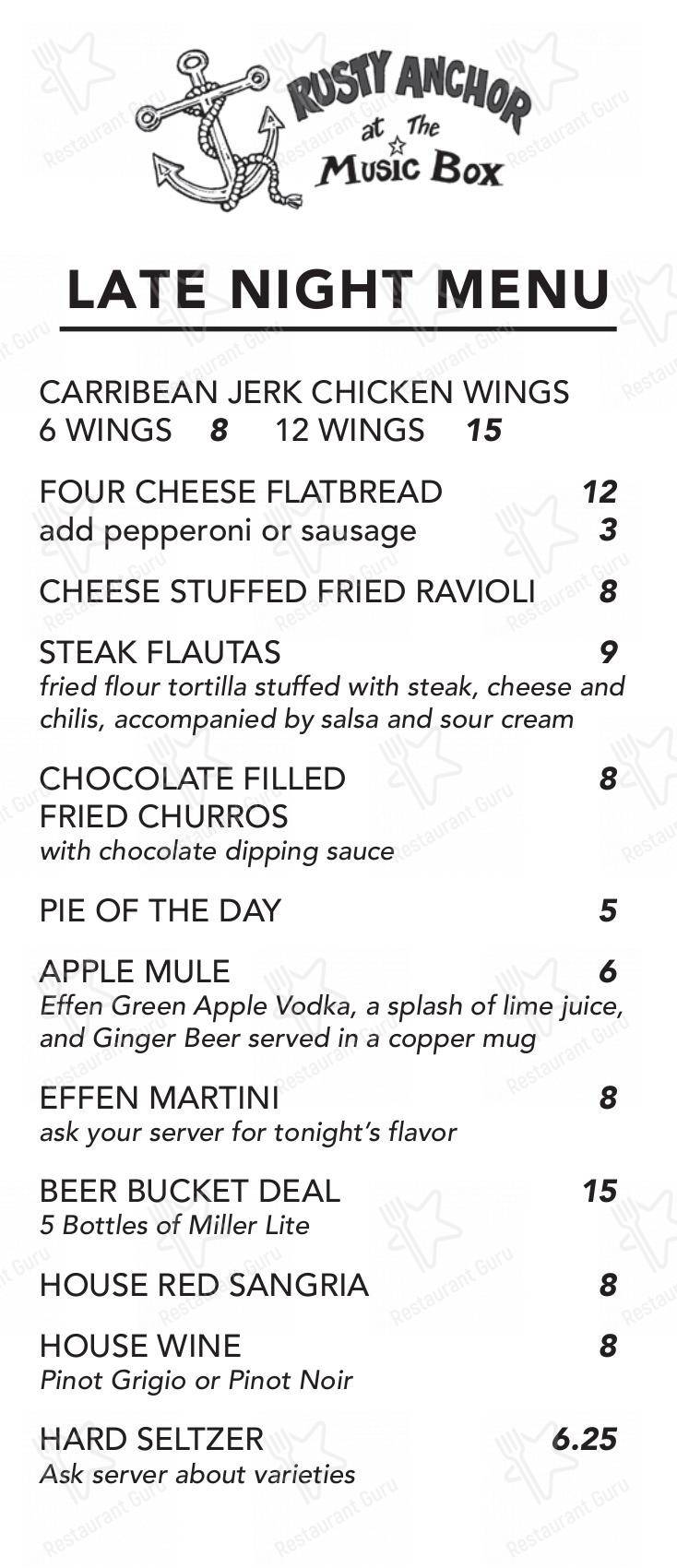 Menu at Rusty Anchor steakhouse, Cleveland, Main Ave