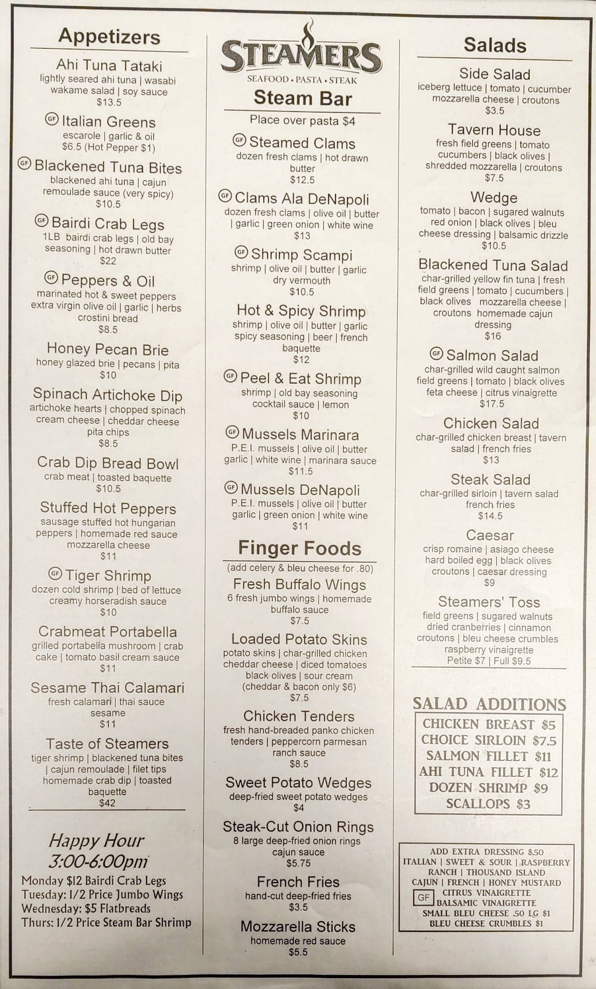 Menu at Steamers Stonewall Tavern steakhouse, North Lima