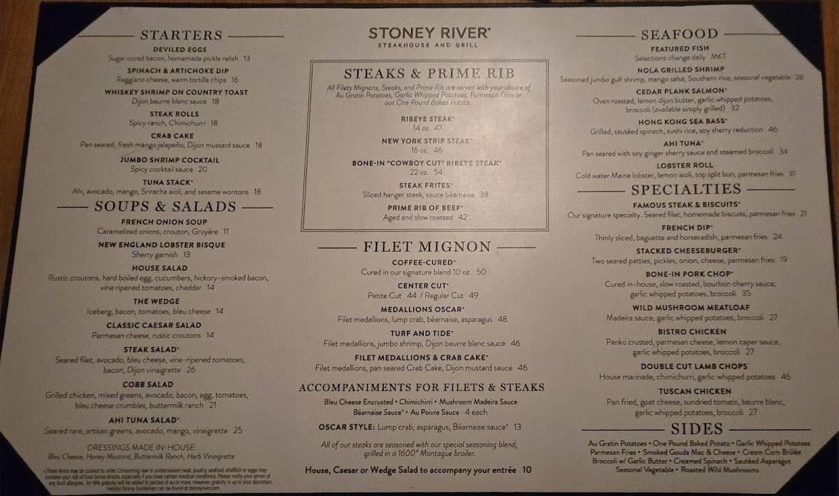 Menu at Stoney River Steakhouse and Grill, Louisville