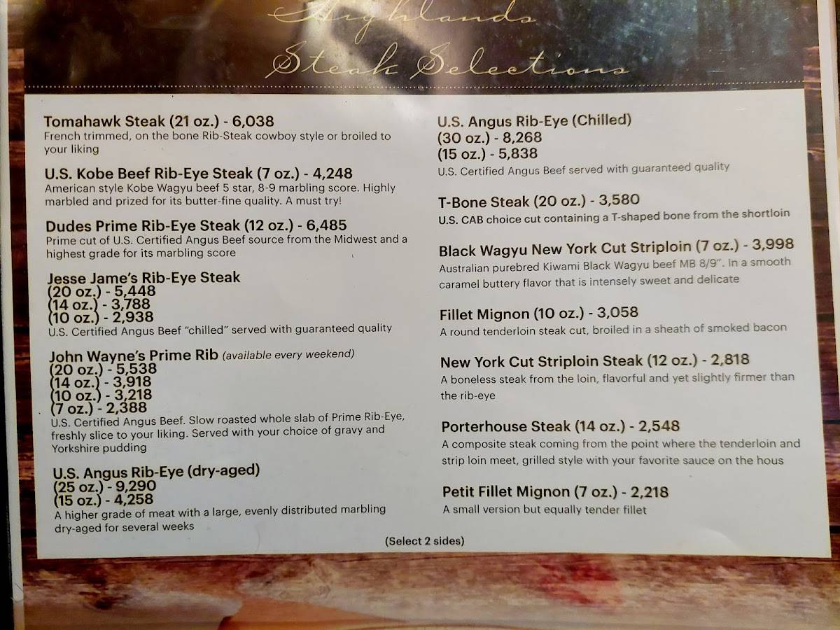 Menu at The Highlander Steakhouse, Tagaytay, 42MM+M7W