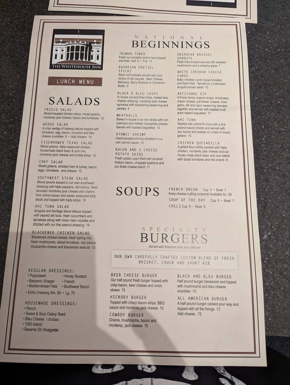 Menu at The Whitehouse Inn steakhouse, Whitehouse