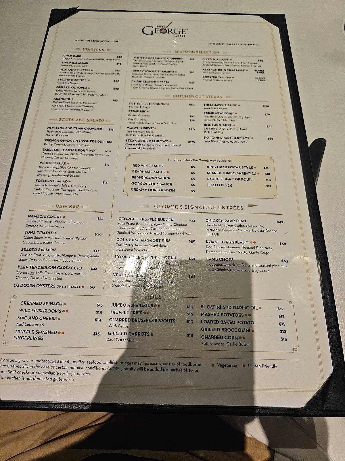 Menu at Triple George Grill steakhouse, Las Vegas