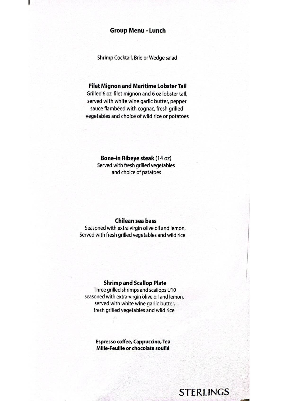 Menu au Sterlings Steakhouse, Laval