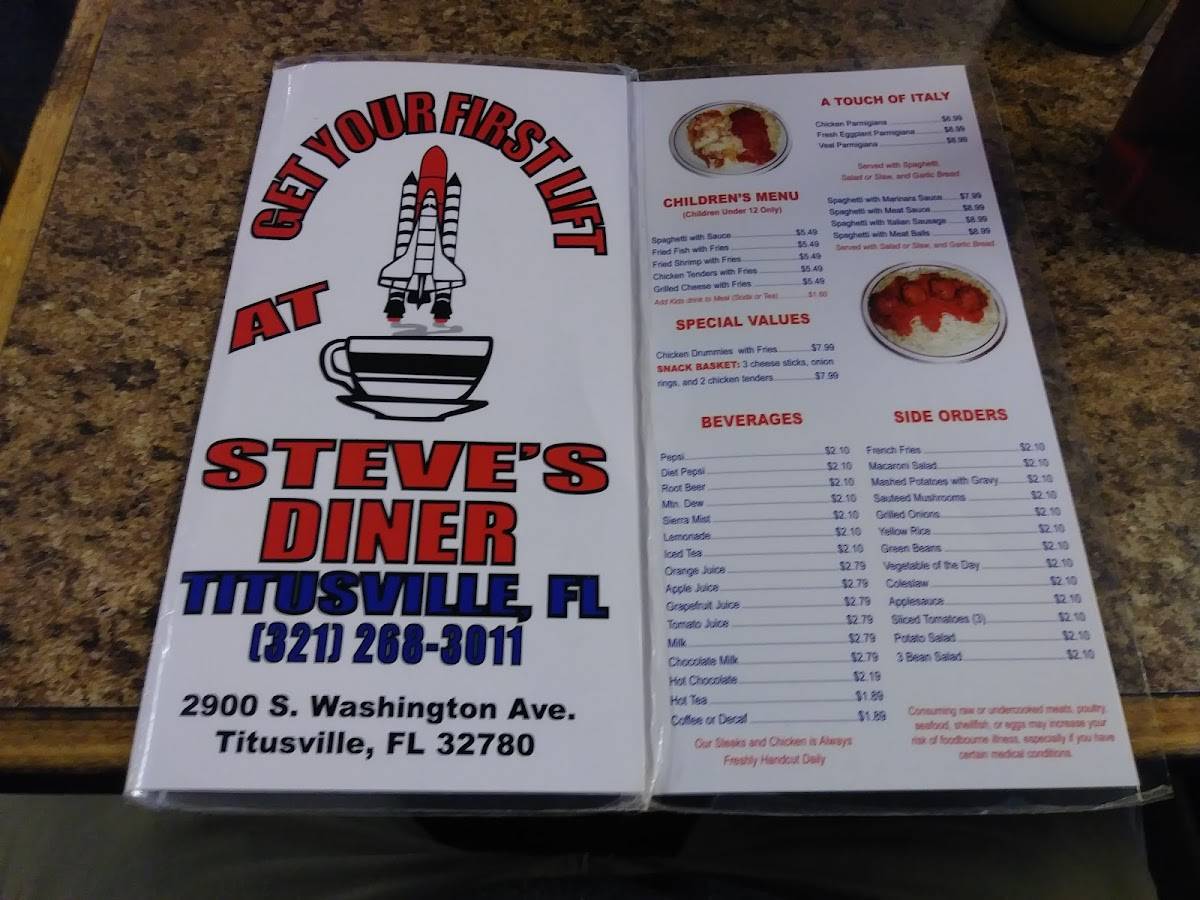 Menu at Steve's Family Diner restaurant, Titusville