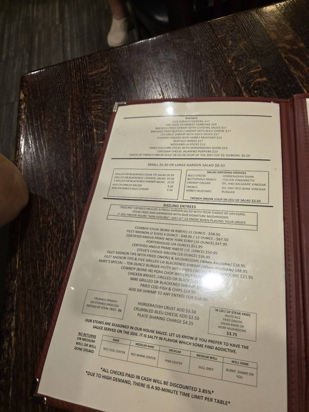 Menu at Steve's Sizzling Steaks steakhouse, Carlstadt
