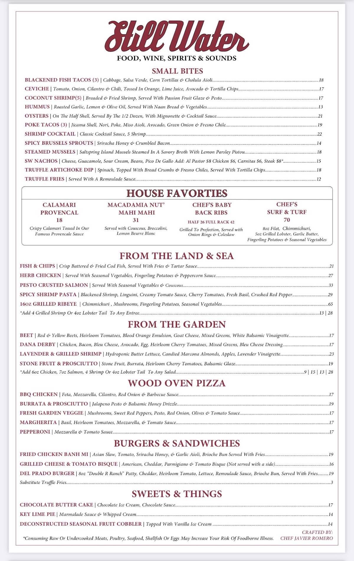 Menu at StillWater Spirits & Sounds pub & bar, Dana Point